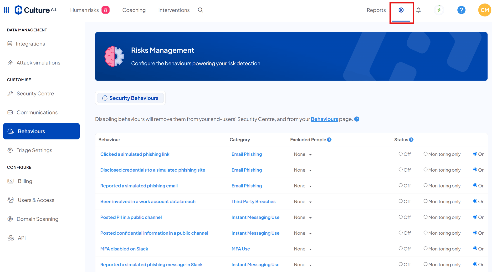 Configure which Risks & Behaviours you monitor